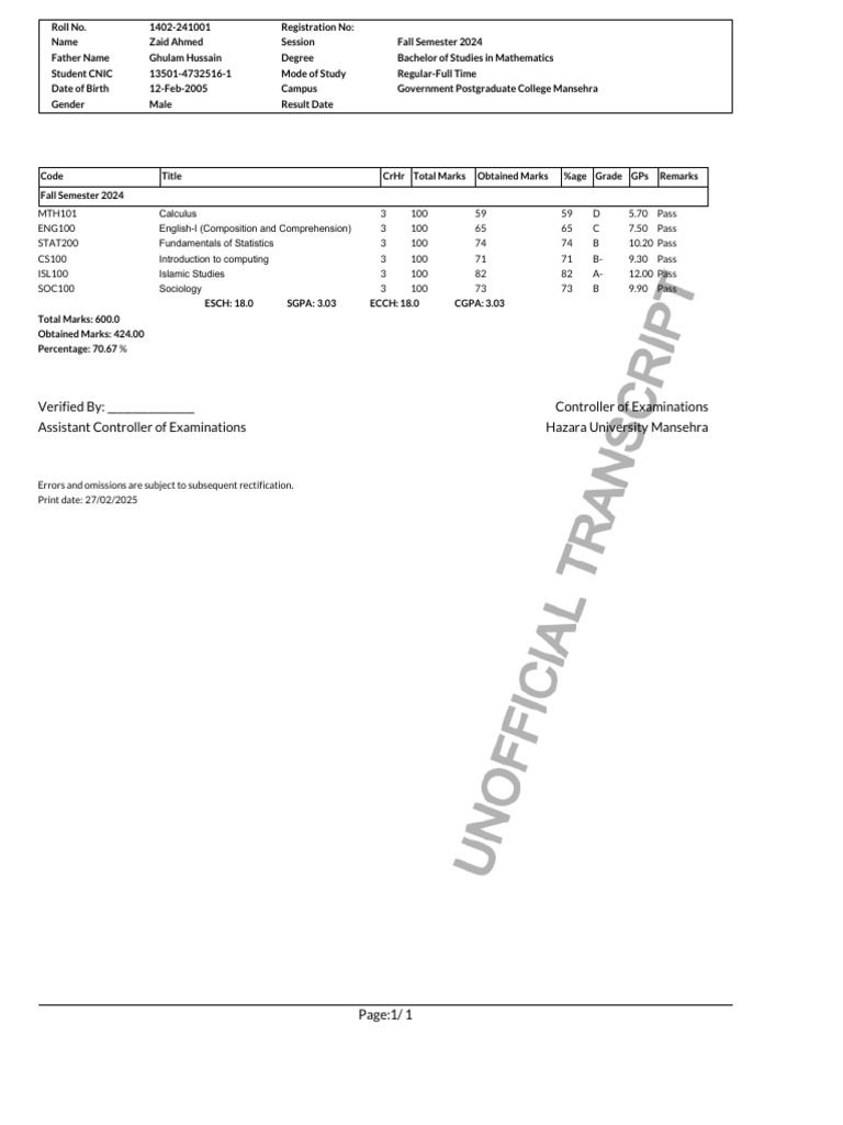 Mathematics (Transcripts 1st Semester) | PDF