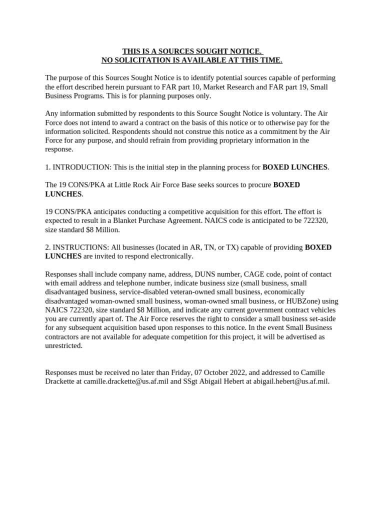 Sources Sought - BoxedLunches | PDF