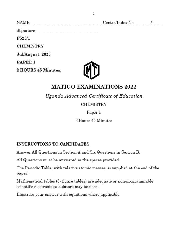 Matigo Mocks Uace Chem 1 2023 | PDF | Chlorine | Chemical Reactions