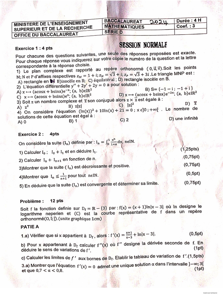 BAC2 2o24. Maths série D | PDF