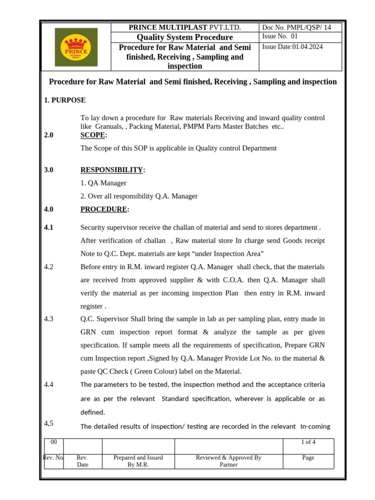 Raw Material Quality Control Procedure | PDF | Quality Assurance | Specification (Technical ...