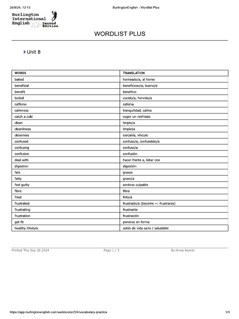Burlington International English A2+ Vocabulary Unit 8 | PDF