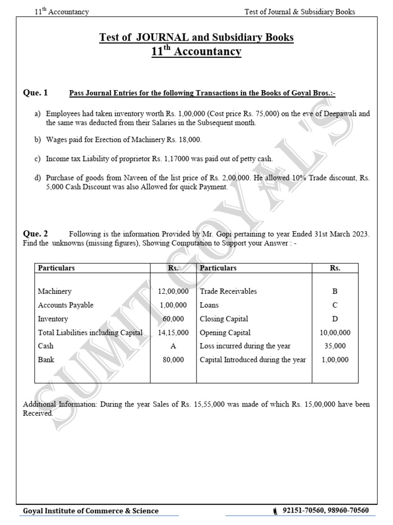 Test of Journal & Subsidiary Book 22.01.2024 | PDF | Cash | Government ...