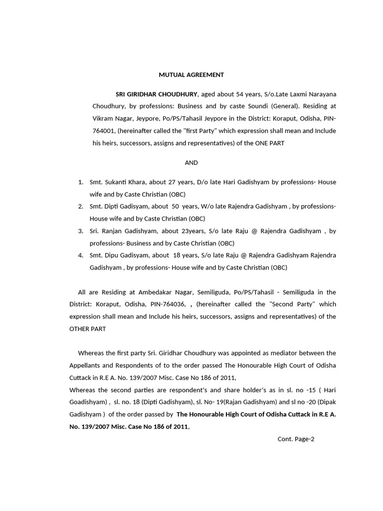 Mutual Agreement for Land Distribution | PDF