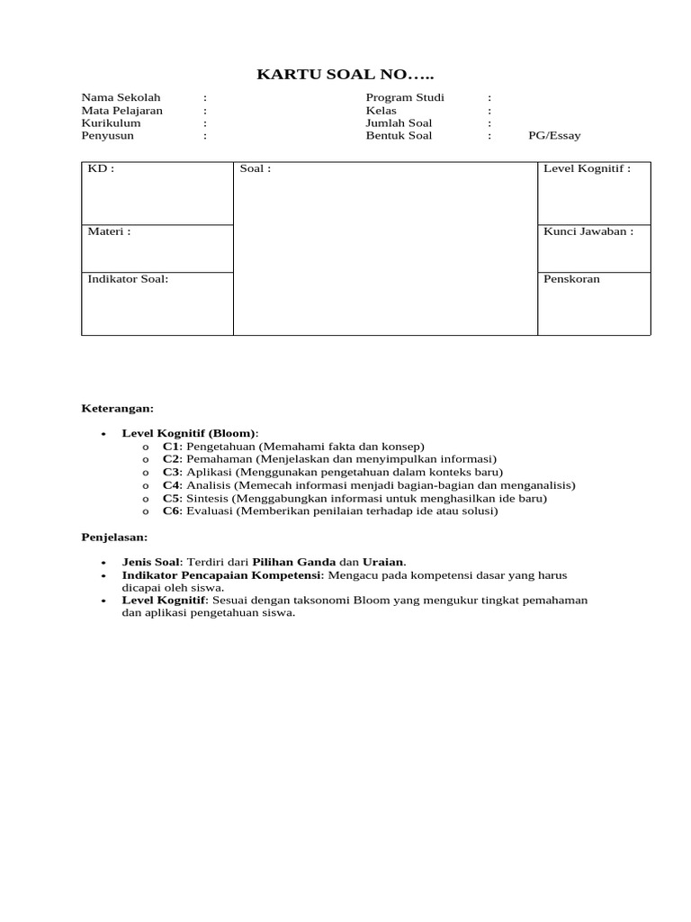 Format Kartu Soal Dan Kisi-Kisi Soal T.madya | PDF