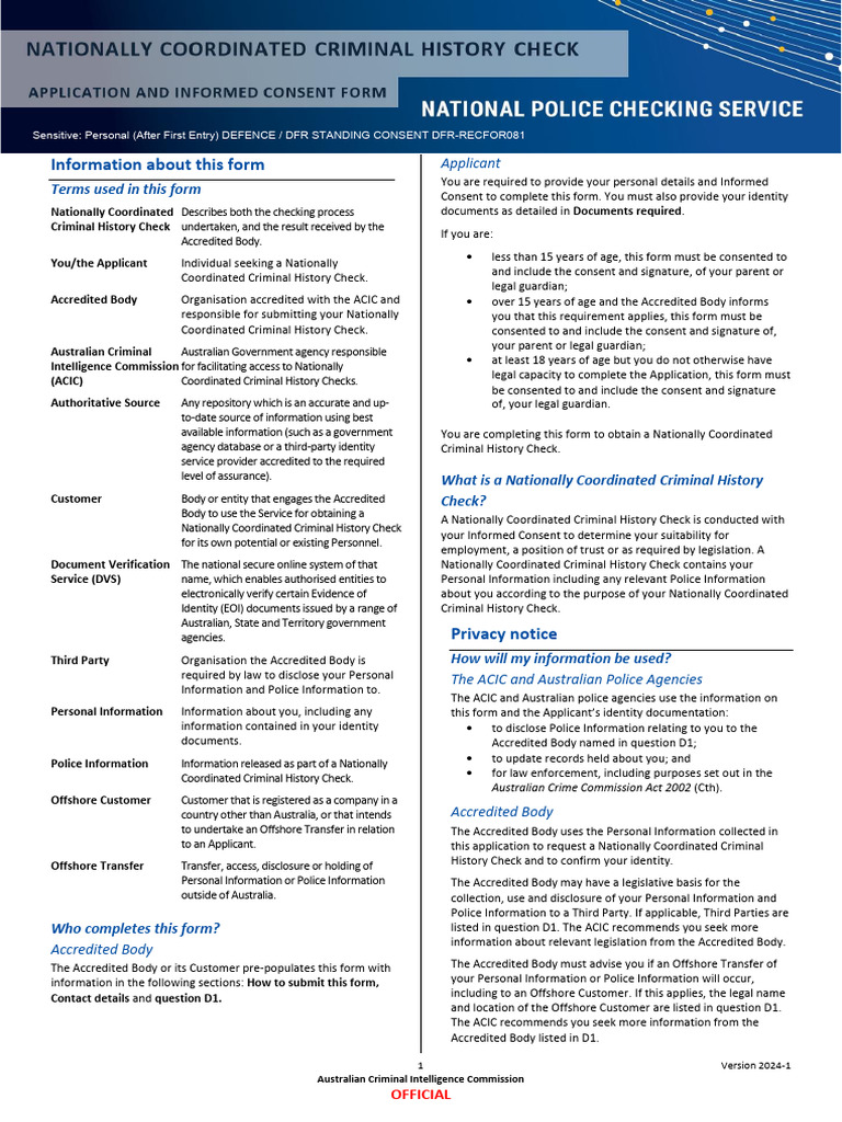 DFR-RECFOR081 Nationally Coordinated Criminal History Check - Application and Informed Consent ...