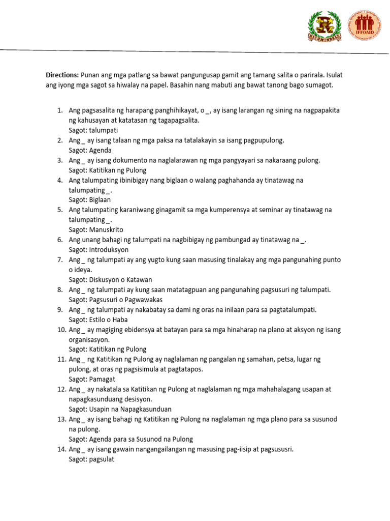 Filipino REVIEWER Answer Key | PDF