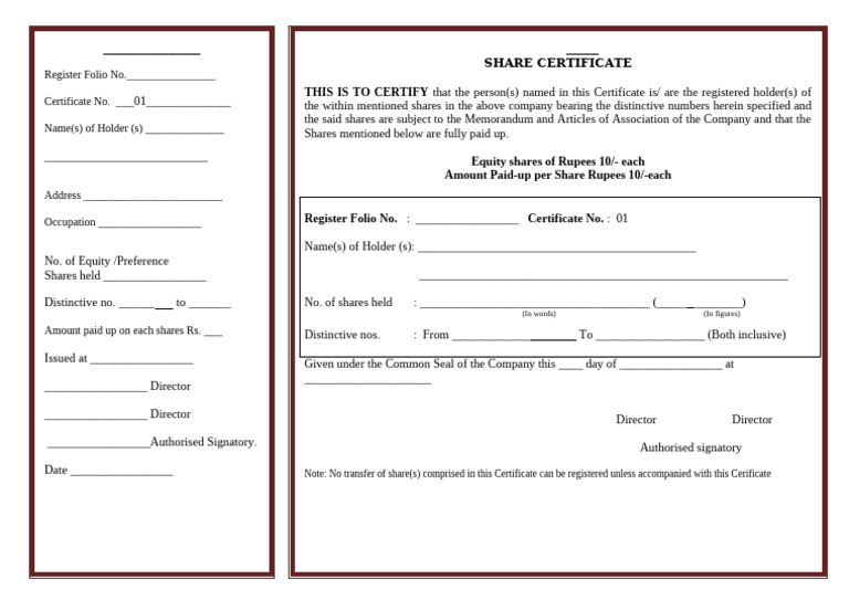 Share Certificate Template for Equity Shares | PDF