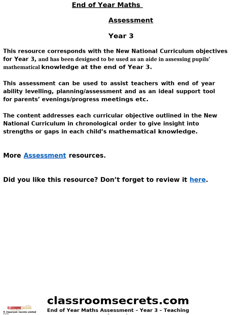 End of Year Maths Assessment Year 3.205449468 | PDF | Division (Mathematics) | Multiplication