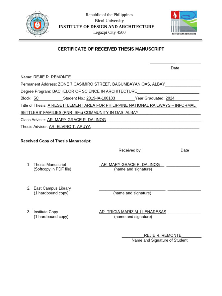 Certificate of Received Thesis Manu Form - 2024 | PDF