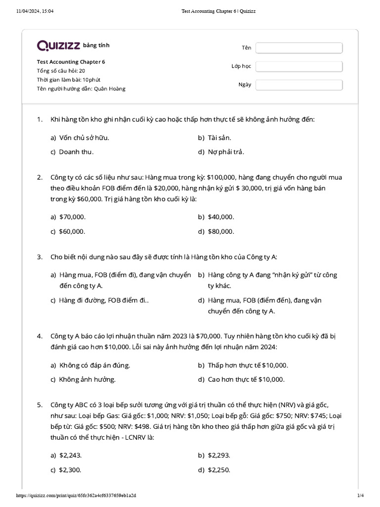 Test Accounting Chapter 6 - Quizizz | PDF