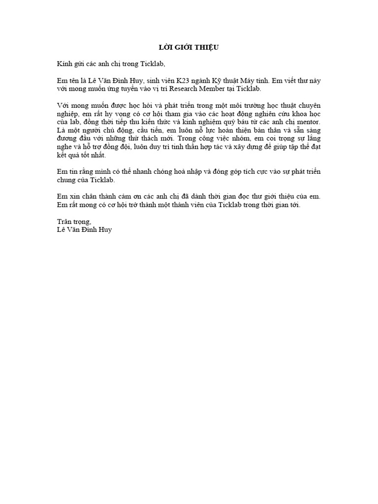 Le Van Dinh Huy - Cover Letter | PDF