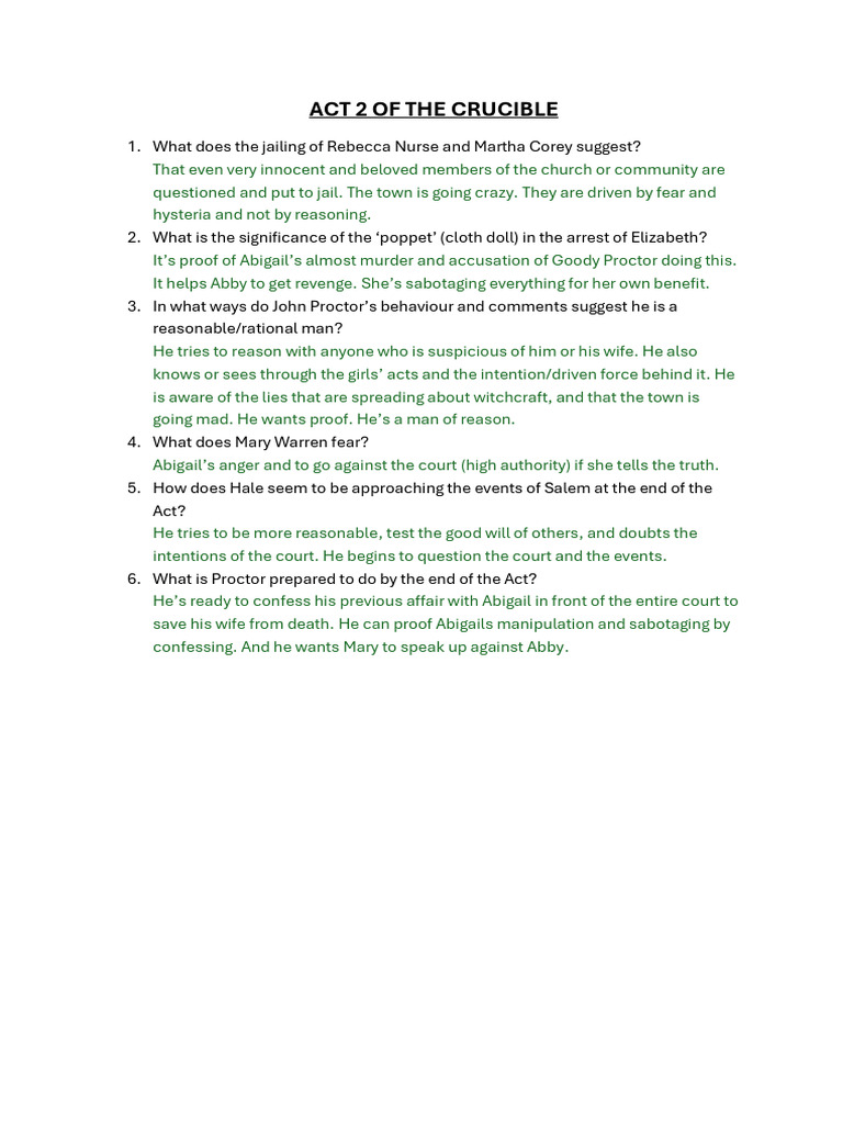 The Crucible, Act 2, Study Questions | PDF