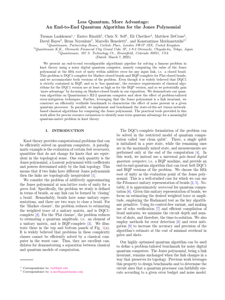 Less Quantum, More Advantage: An End-To-End Quantum Algorithm for the Jones Polynomial | PDF ...