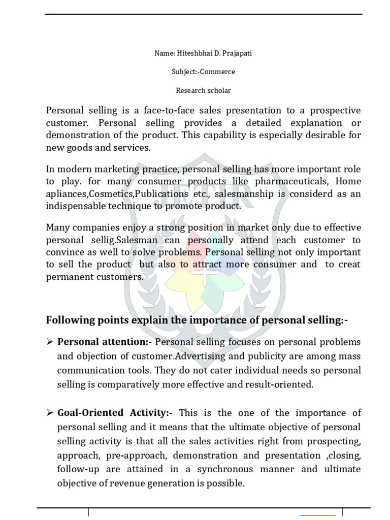 Importance of Personal Selling in Marketing | PDF | Sales | Marketing