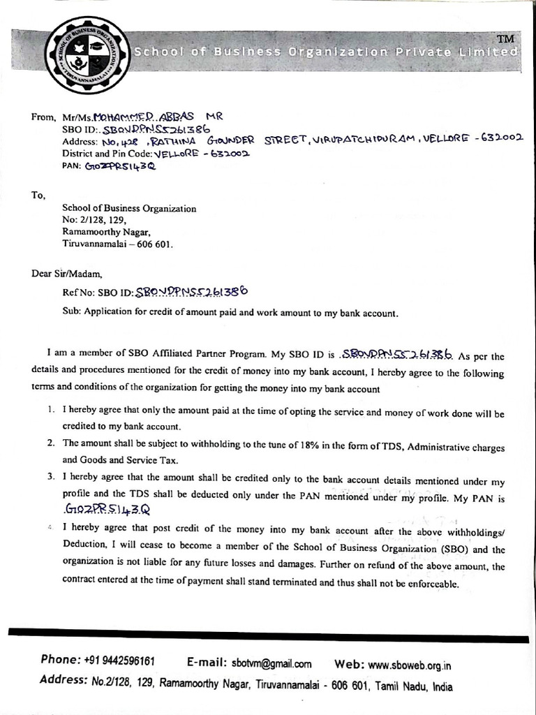 Sbo Refund Agreement | PDF