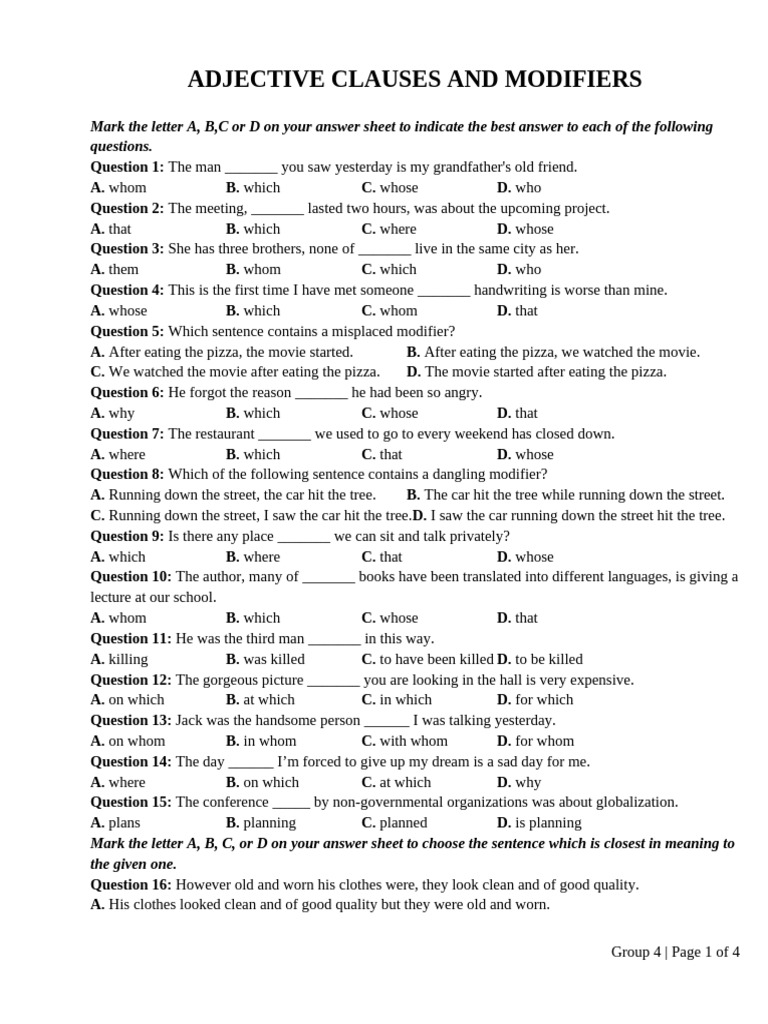 (TEST) Modifiers and Adjective Clauses | PDF | Mindset | Cognition