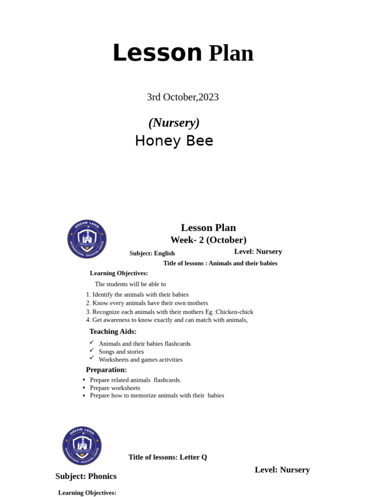 Nursery Lesson Plan: Animals, Phonics, Numbers | PDF