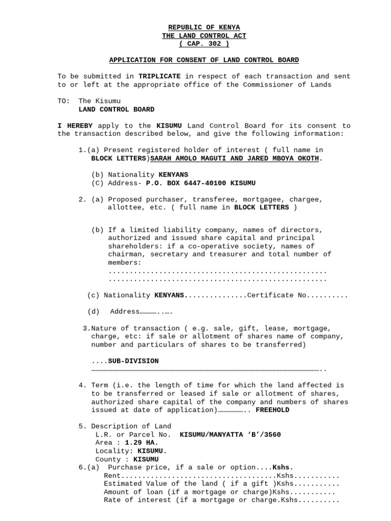 Form 2 - Consent Land Control Board - Sara Maguti & Jared Okoth - Sub ...