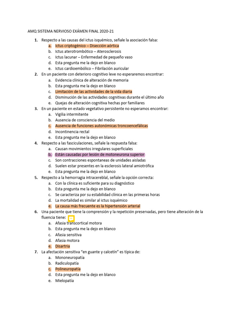 Amq Sistema Nervioso Exámen Final 2020 | PDF | Nervio | Carrera