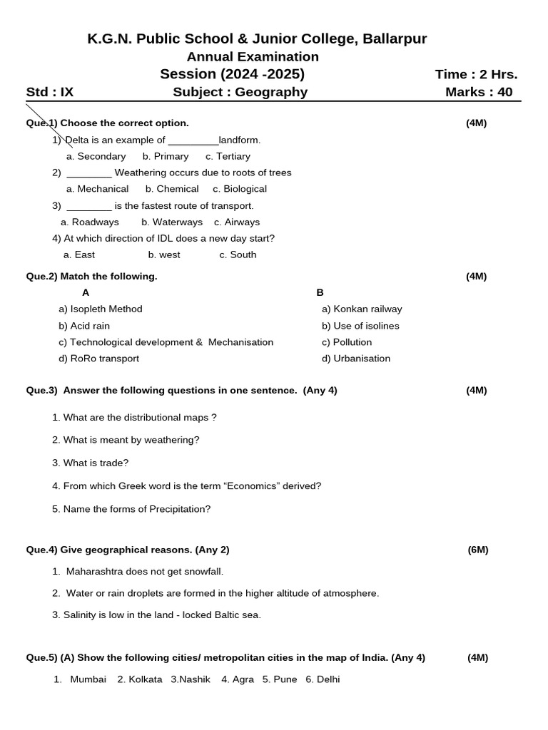 STD 9 Geography Final Term Exam Paper | PDF | Contour Line | Nature