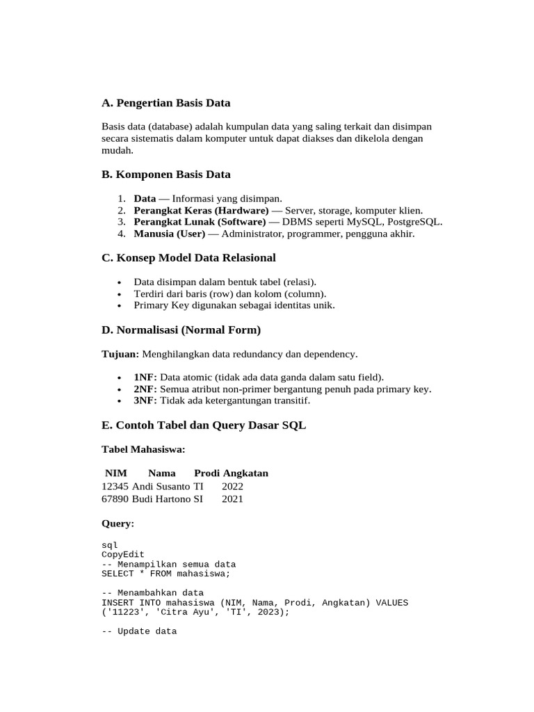 Catatan Lengkap Pengantar Basis Data (Relasional) — Konsep, Normalisasi, dan SQL Dasar | PDF