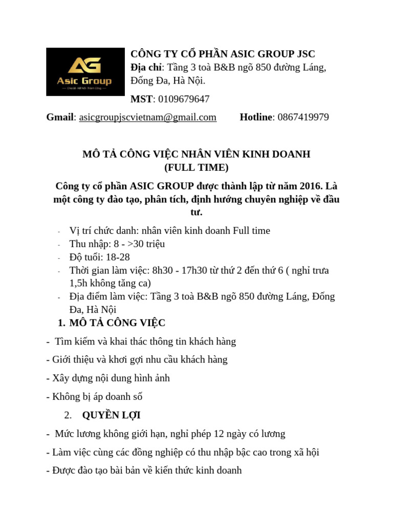 CÔNG TY CỔ PHẦN ASIC GROUP JSC 1 | PDF