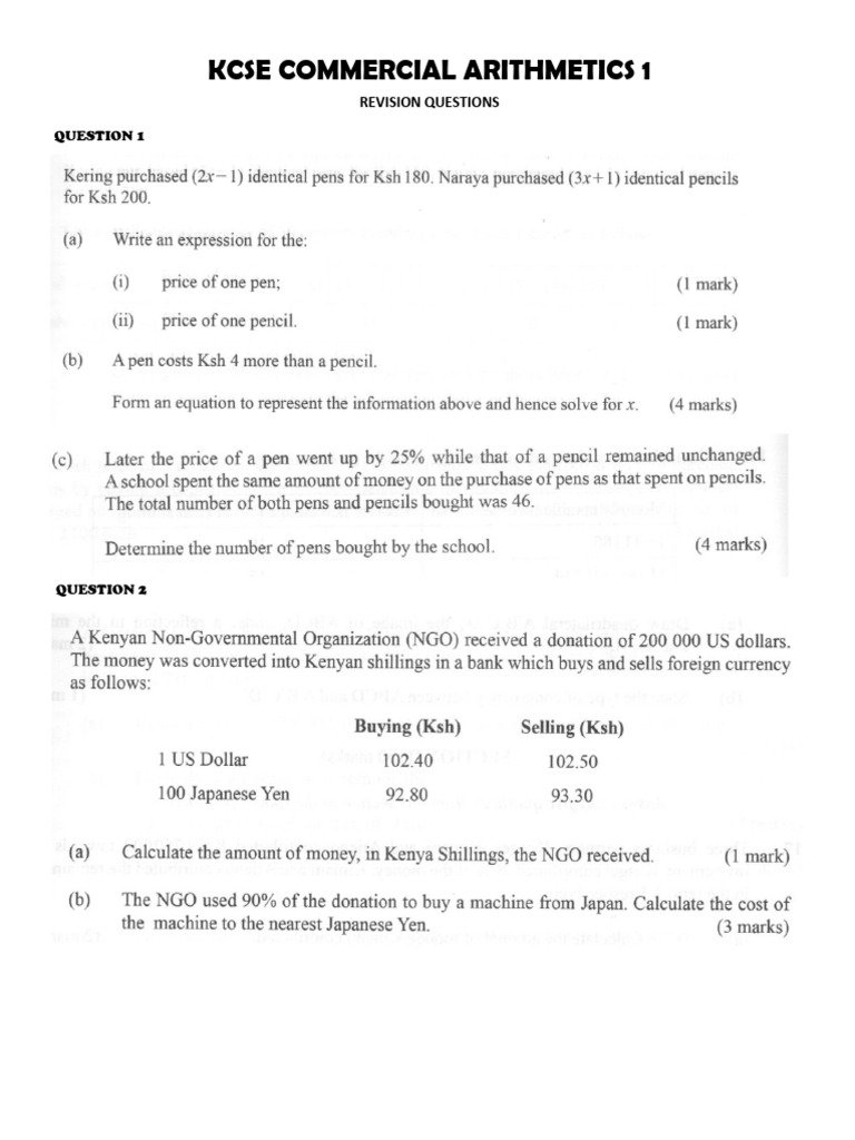 KCSE-COMMERCIAL-ARITHMETIC-I-QUESTIONS-AND-MARKING-SCHEME | PDF
