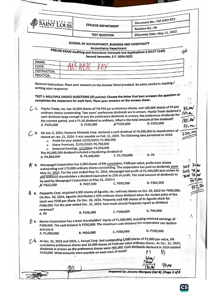 Prelim Exam AUD Prob 2 | PDF