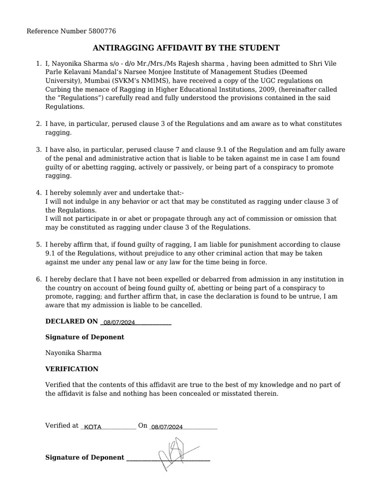 Anti Ragging Affidavit Form | PDF