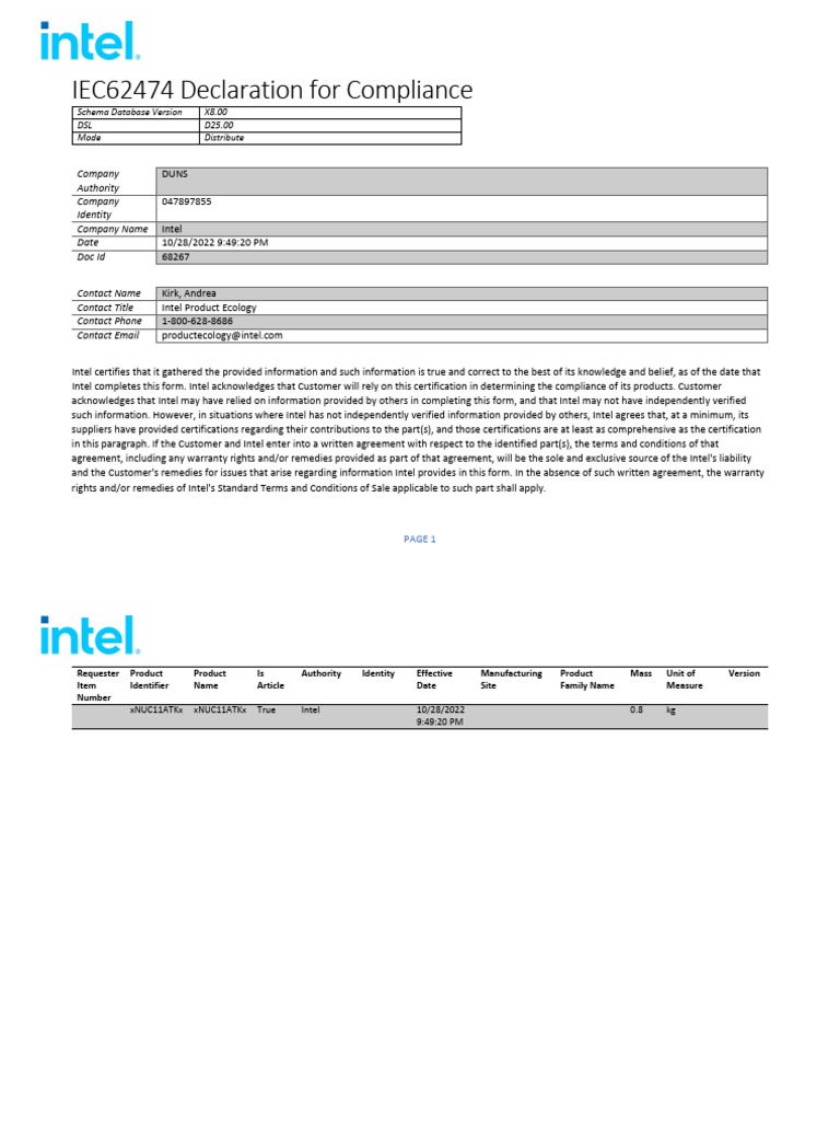 xNUC11ATKx Kit Declaration Form Build - 68267 | PDF | Chemistry | Materials