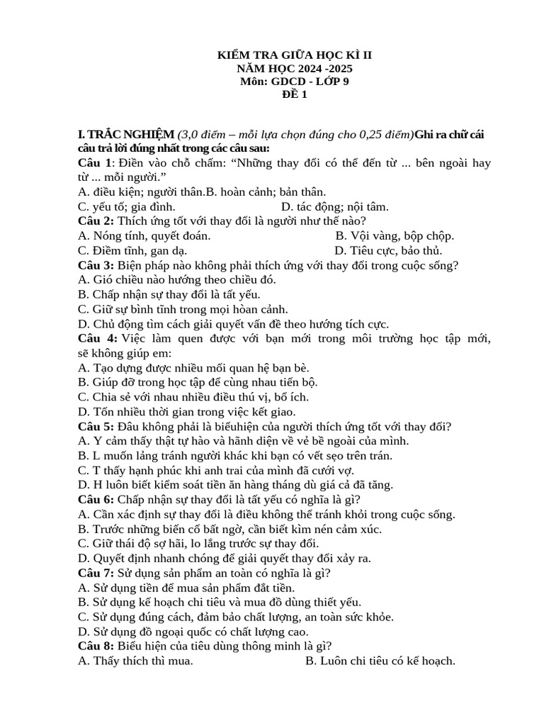 De Thi Giua Ki 2 GDCD 9 | PDF