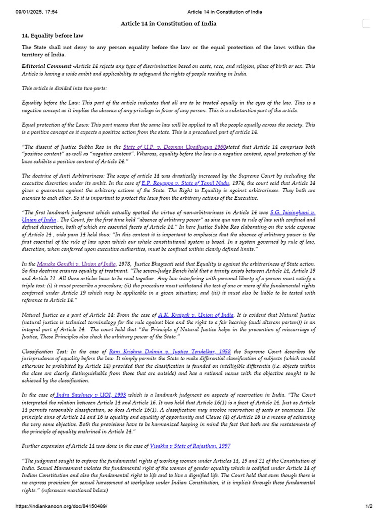 Article 14 In Constitution Of India Pdf Equal Protection Clause