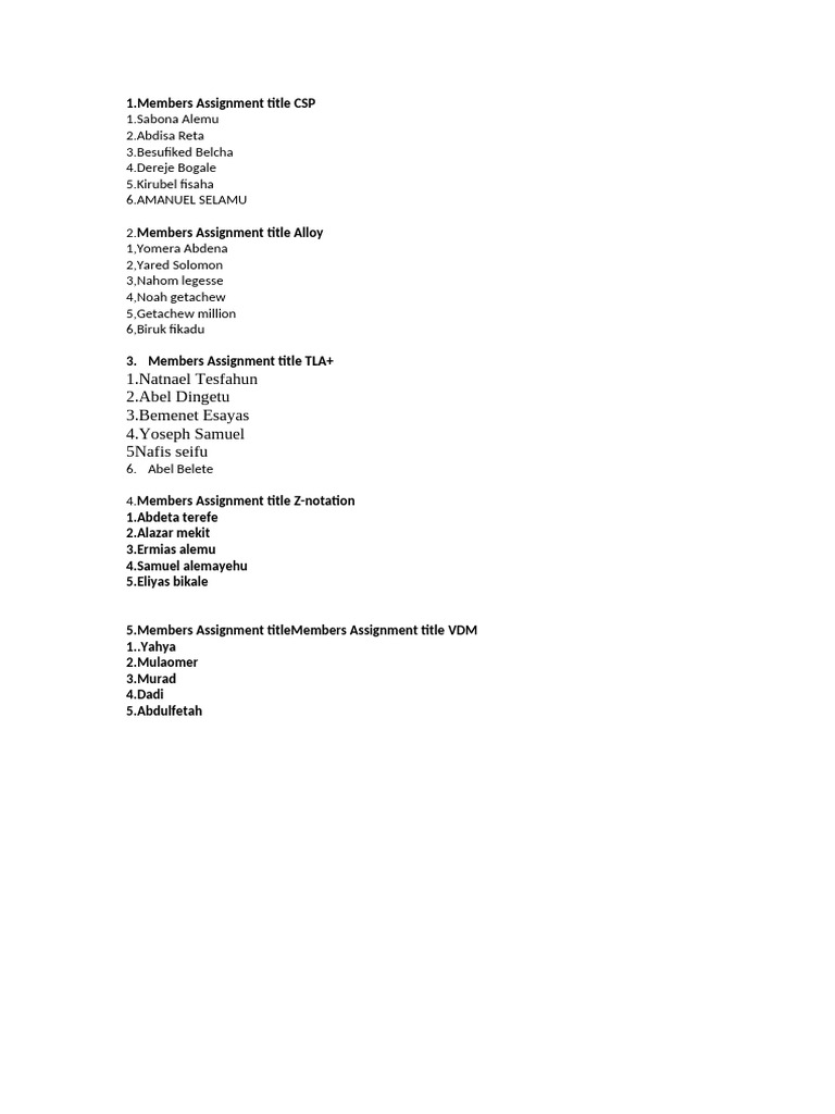 Member Assignments for CSP, Alloy, TLA+, Z-notation, VDM | PDF