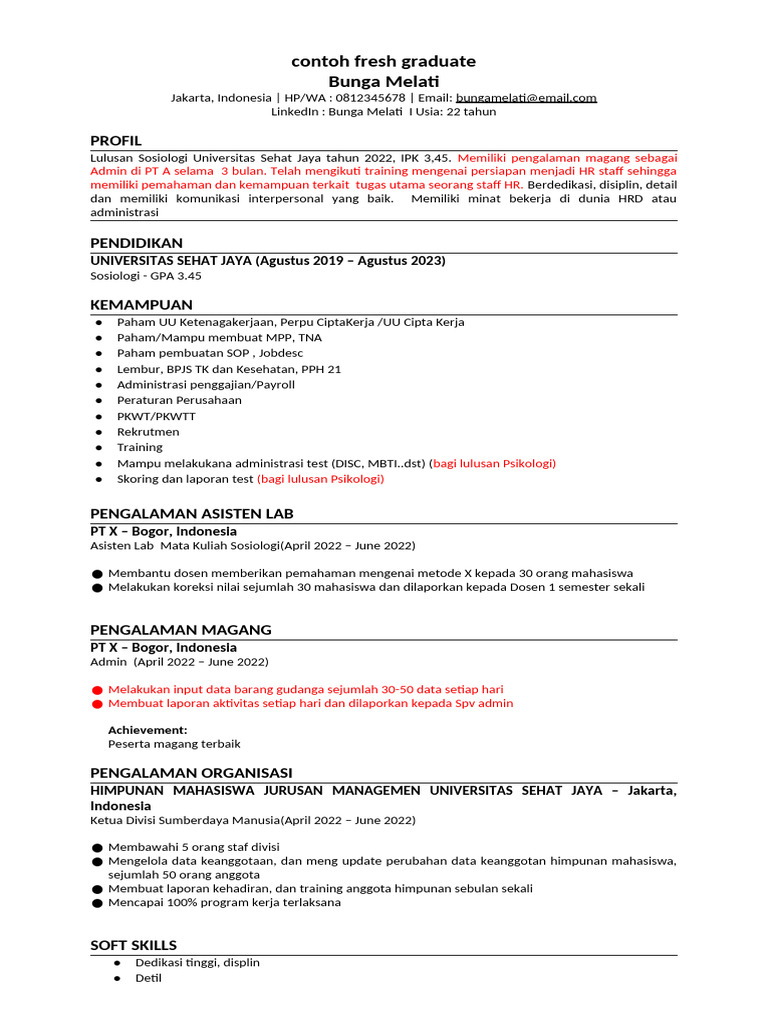 Contoh CV Paska Training FreshGraduate | PDF
