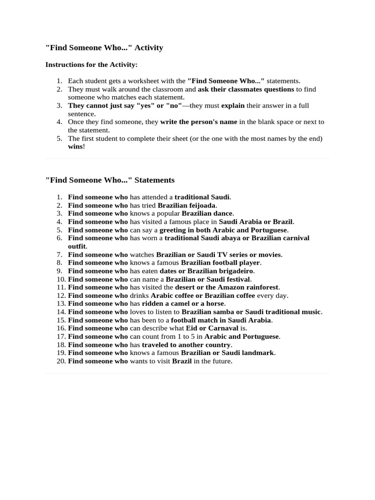 Find Someone Who - 2 Weeks | PDF