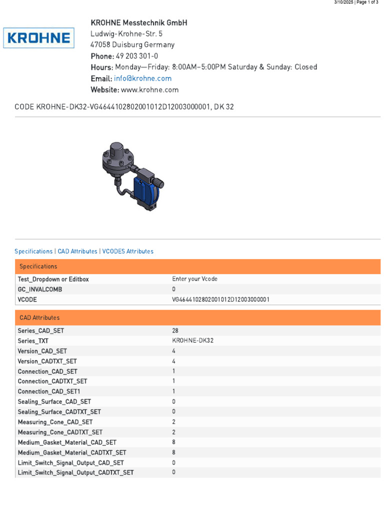 Krohne DK32 VG4644102802001012D12003000001 DK32 | PDF | Equipment | Manufactured Goods