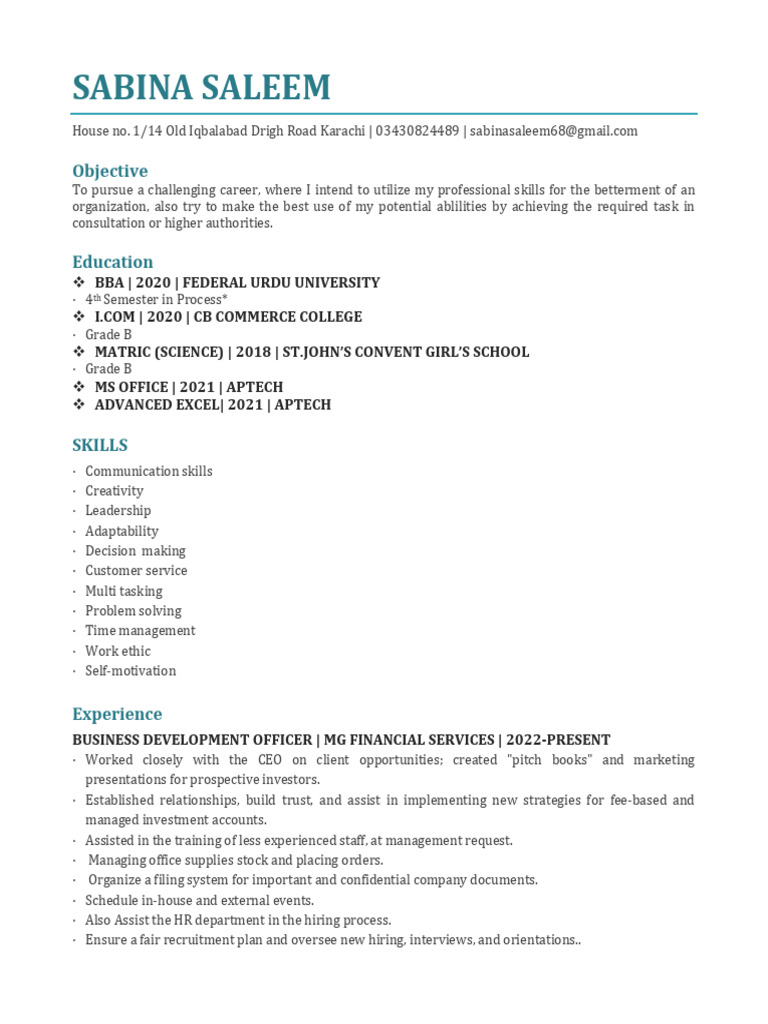Sabina Saleem: BBA Graduate Resume | PDF