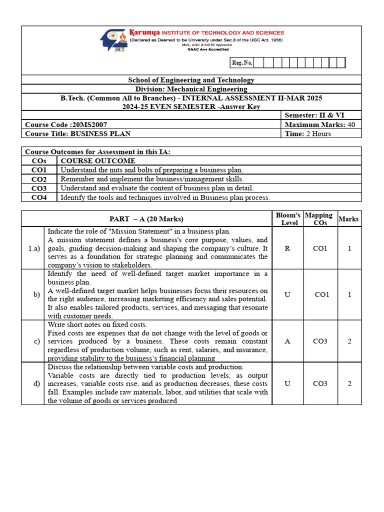 Business Plan Assessment Answer Key | PDF | Marketing | Business Economics