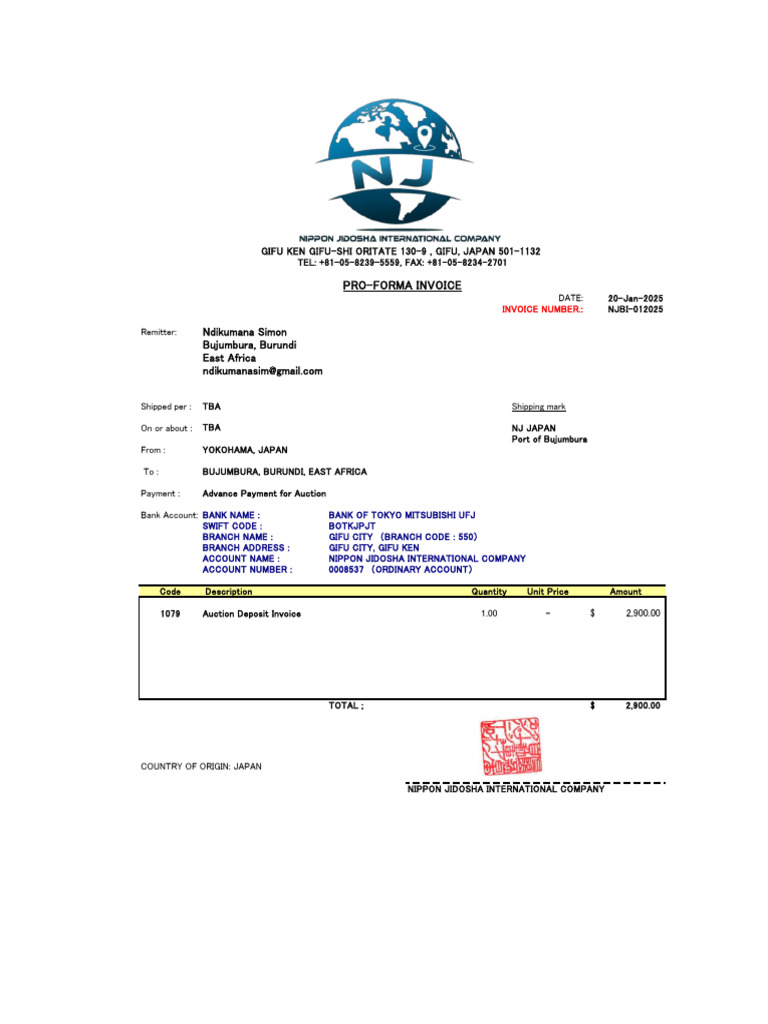 NJ INVOICE - Ndikumana Simon | PDF