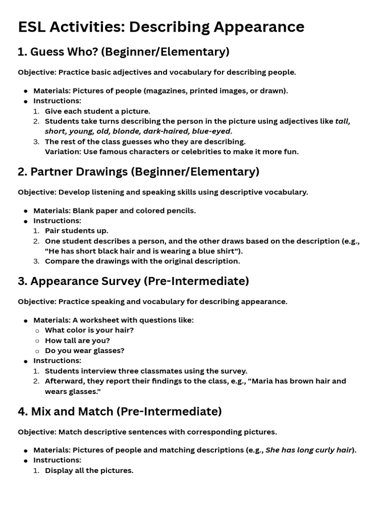 ESL Activities Describing Appearance | PDF | Scarf | Fashion