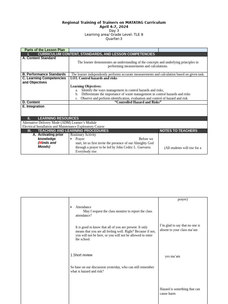 Grade 8 TLE Lesson Plan on Hazards | PDF | Waste | Risk