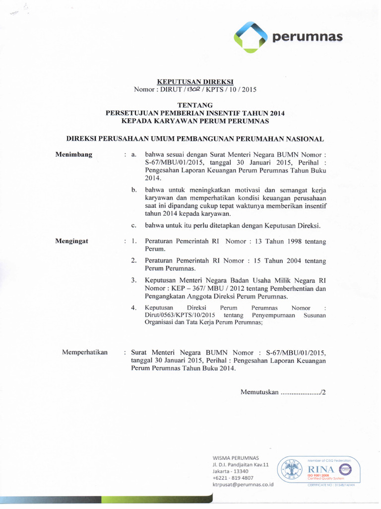 SK Pemberian Insentif Tahun 2014 Kepada Karyawan Perum Perumnas | PDF