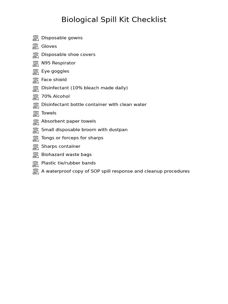 Biological Spill Kit Contents Checklist | PDF