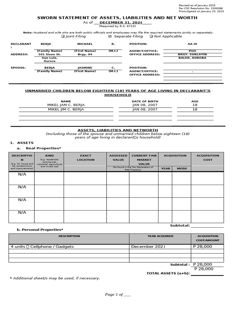 SALN Form 2023 - Mike Berja 2025 123 | PDF | Net Worth | Business