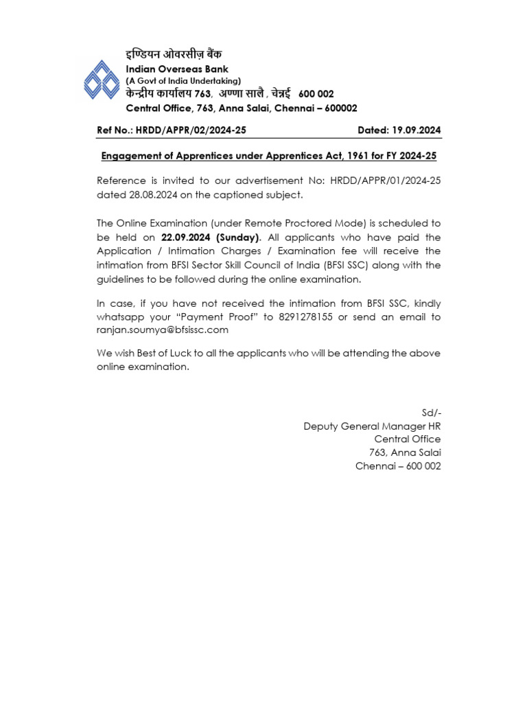 Online Exftgyam Notification Engagement of Apprentices 2024-25 19092024 ...