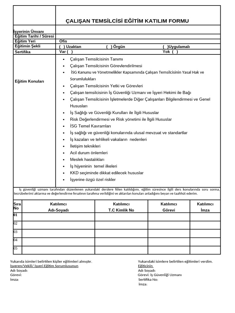 Çalişan Temsi̇lci̇si̇ Eği̇ti̇m Katilim Formu | PDF