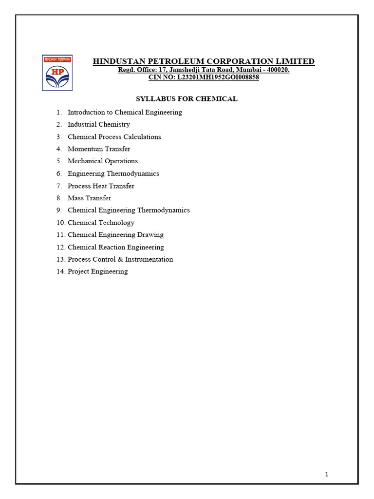 HPCL Chemical Engineering Syllabus | PDF