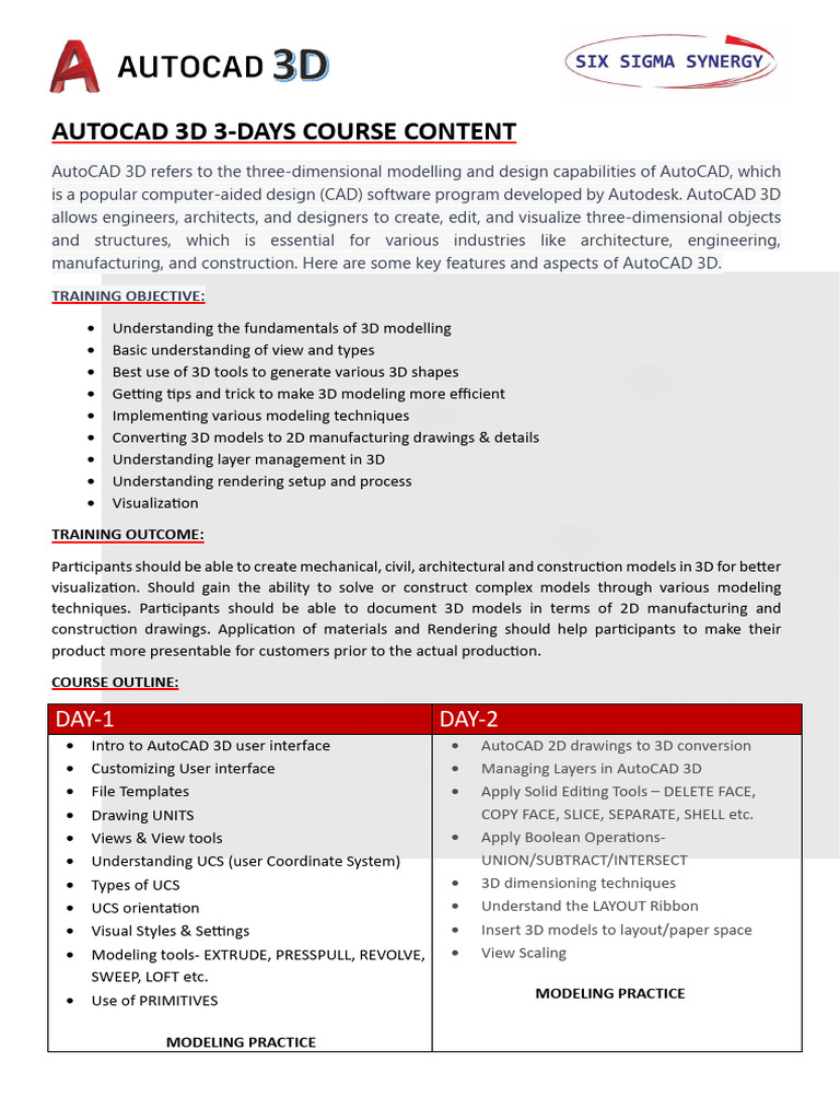 Autocad 3D 3-Days Training Content New | PDF | 3 D Computer Graphics ...