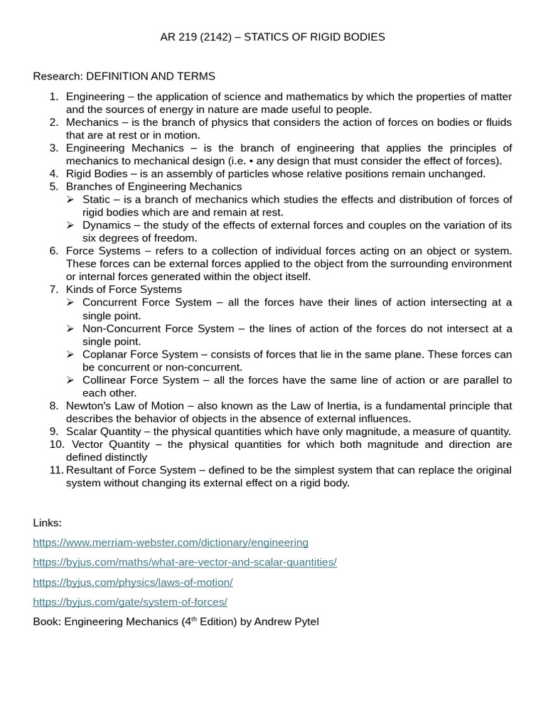 Statics or Rigid Bodies - Definition and Terms | PDF | Force | Mechanics